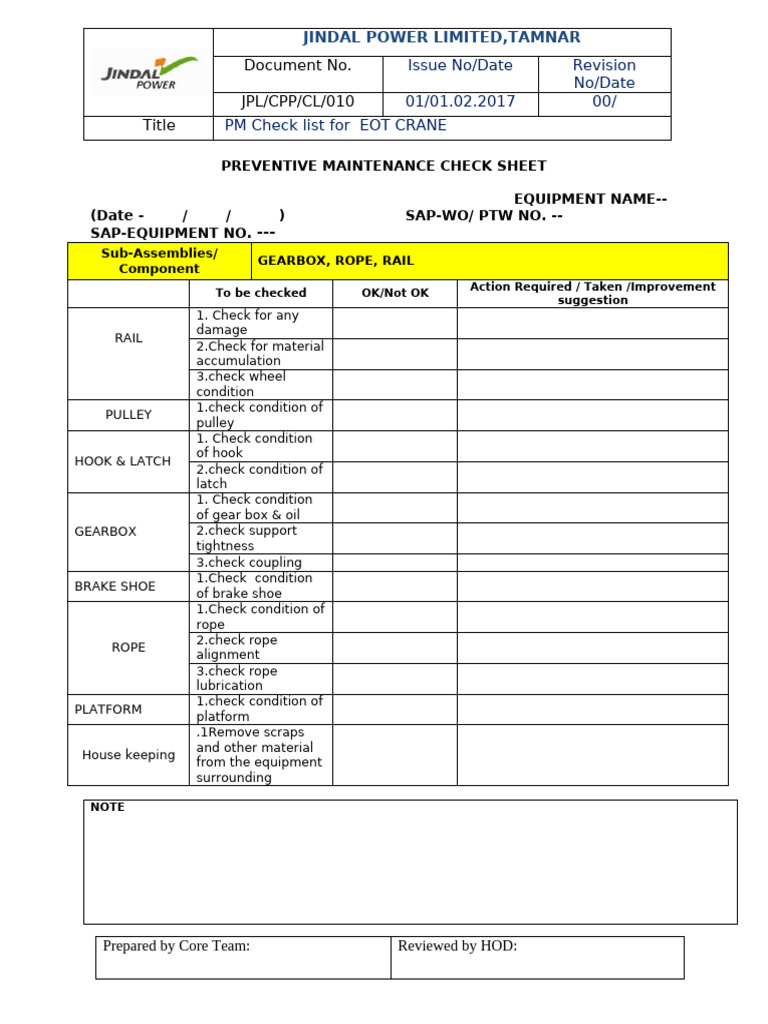 PM Check List of EOT .WASHERY | PDF | Vehicle Technology | Mechanical Engineering