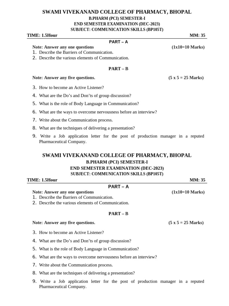 B.Pharm Communication Skills Exam 2023 | PDF