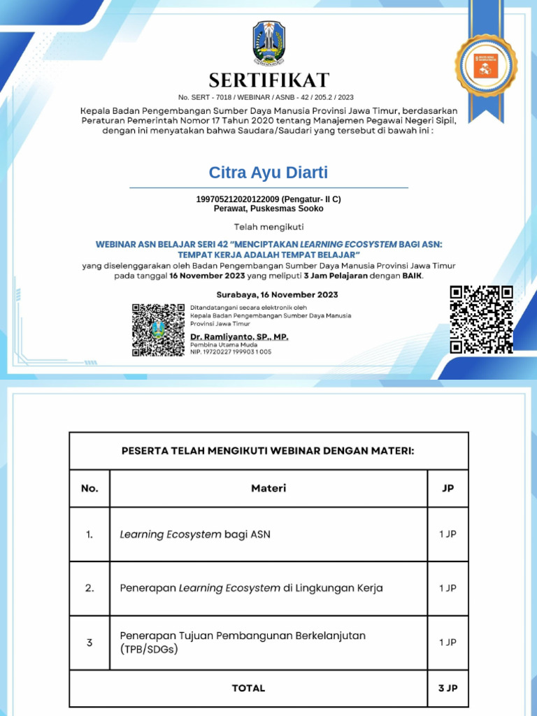 Citra Ayu Diarti: No. SERT - 7018 / WEBINAR / ASNB - 42 / 205.2 / 2023 | PDF