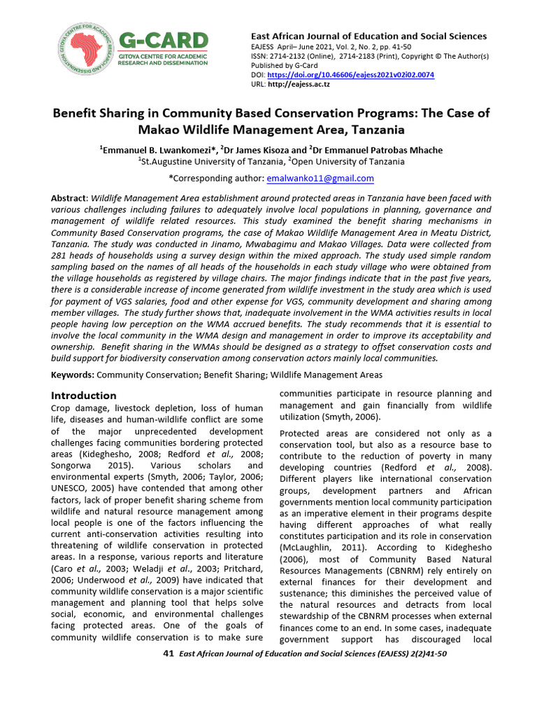 Benefit Sharing in Community Based Conservation Programs: The Case of ...