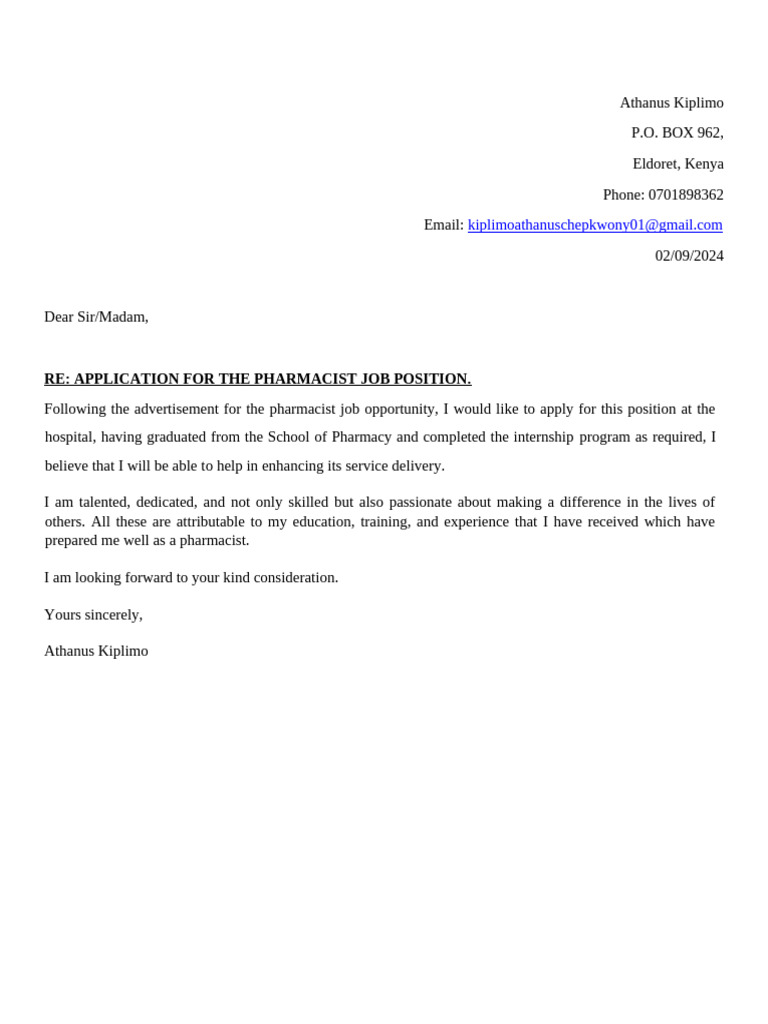 Pharmacist Job Application Cover Letter | PDF