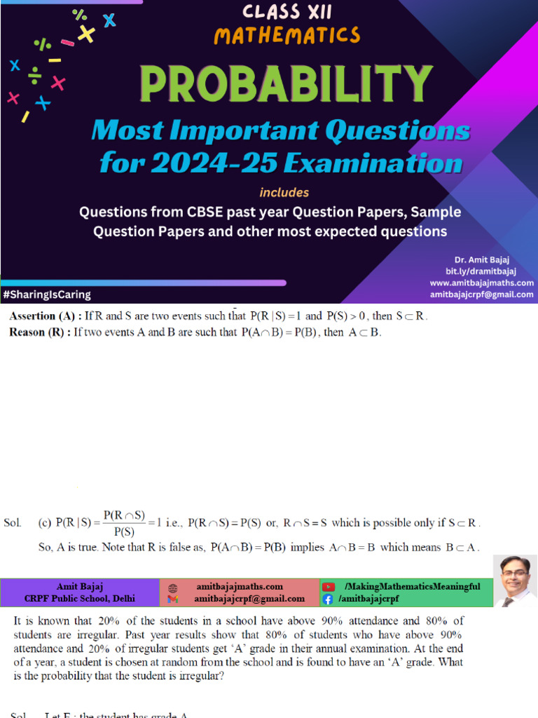Class XII PROBABILITY Most Important Questions For 2023-24 Examination (Dr. Amit Bajaj) | PDF ...