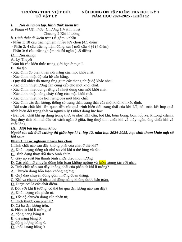 12-ĐỀ CƯƠNG HK1 Hs - Khongdapan | PDF