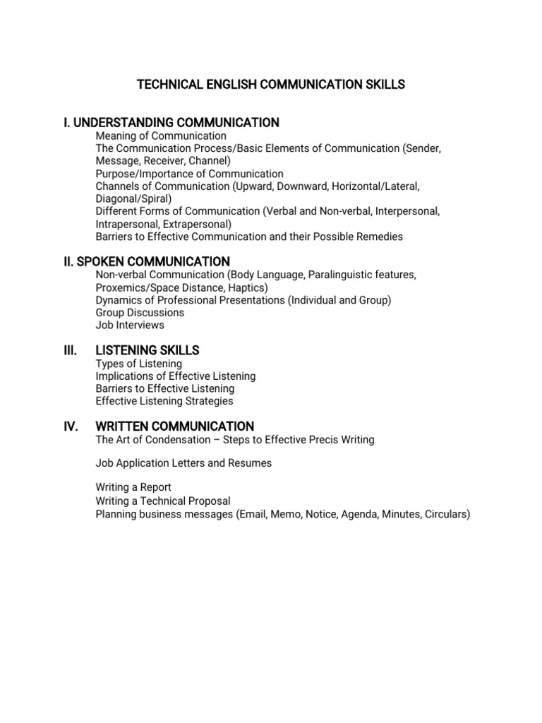Technical English Communication Skills Course Outline | PDF