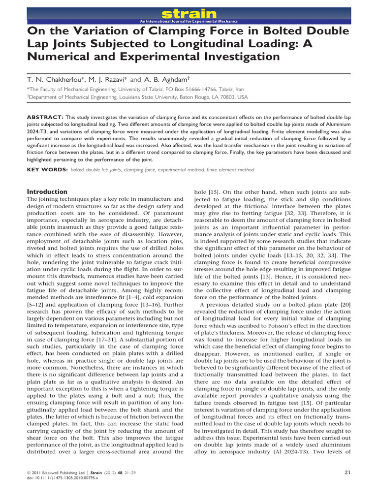 On The Variation of Clamping Force in Bolted Double Lap Joints ...