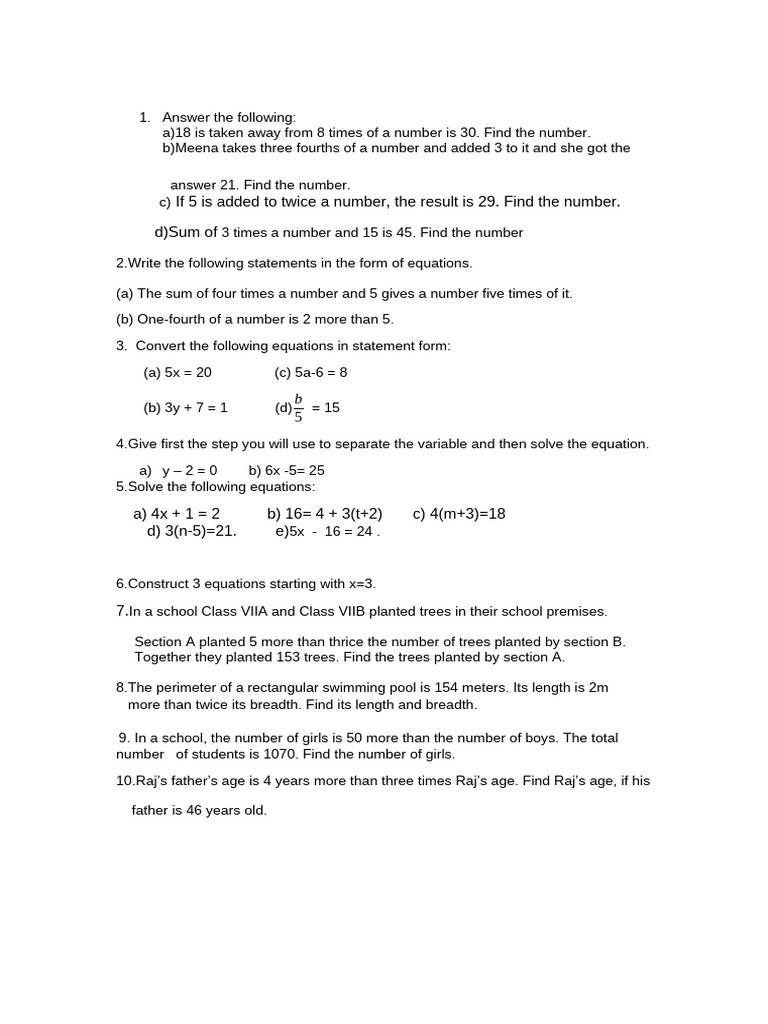 Class-7 Ch-4 - Simple Equations | PDF