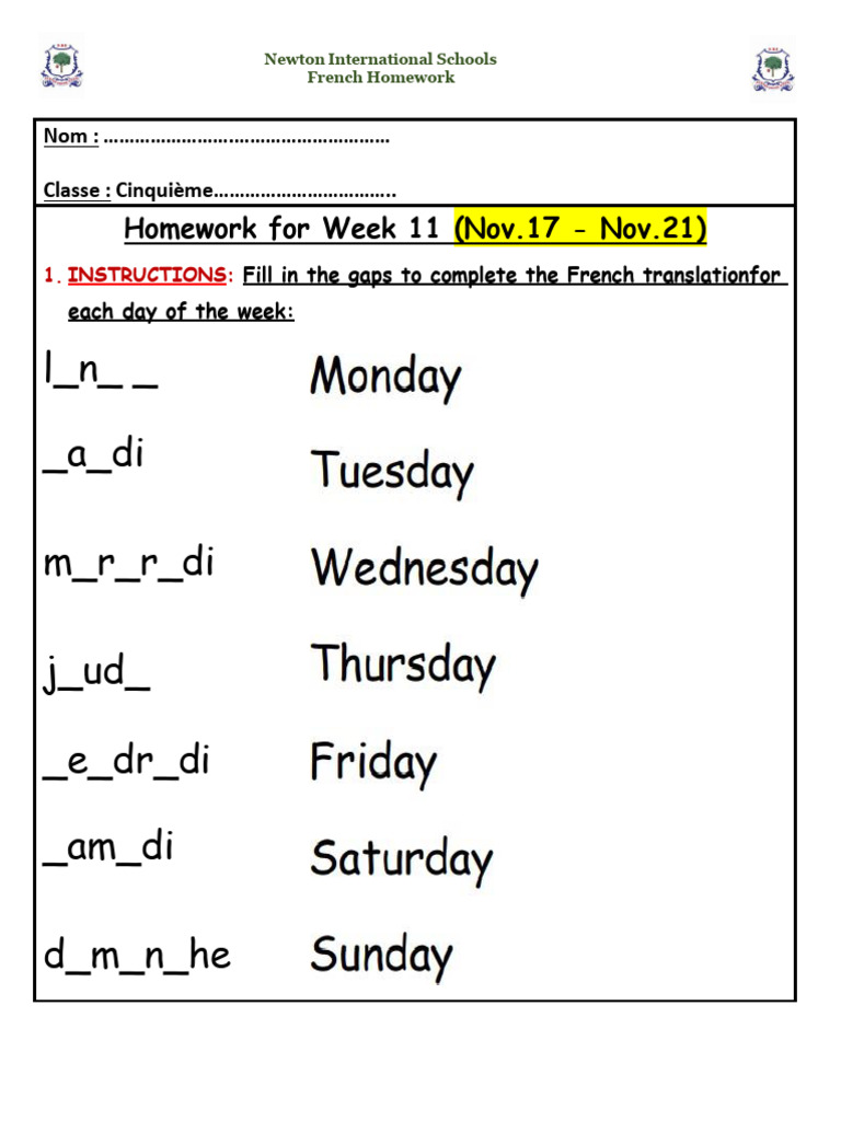 French Homework: Days & Sentences | PDF