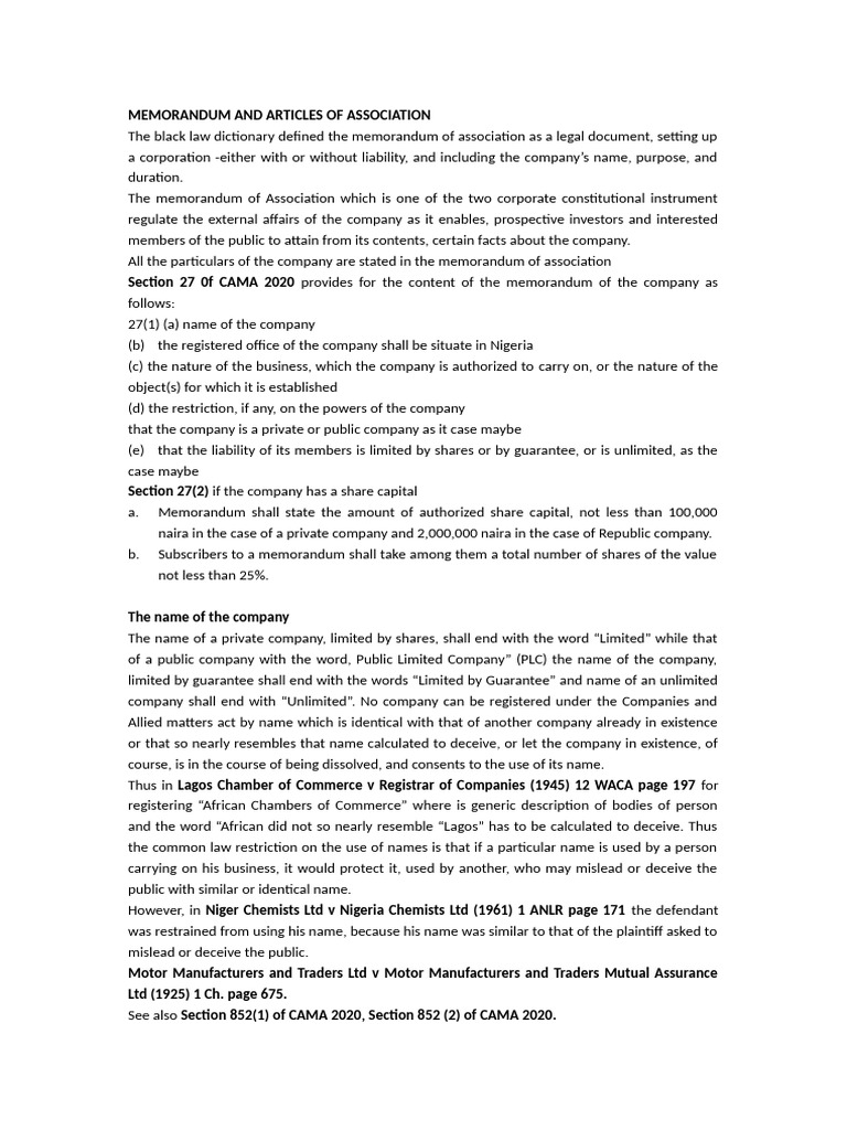 Memorandum of Association Overview | PDF | Companies | Limited Company