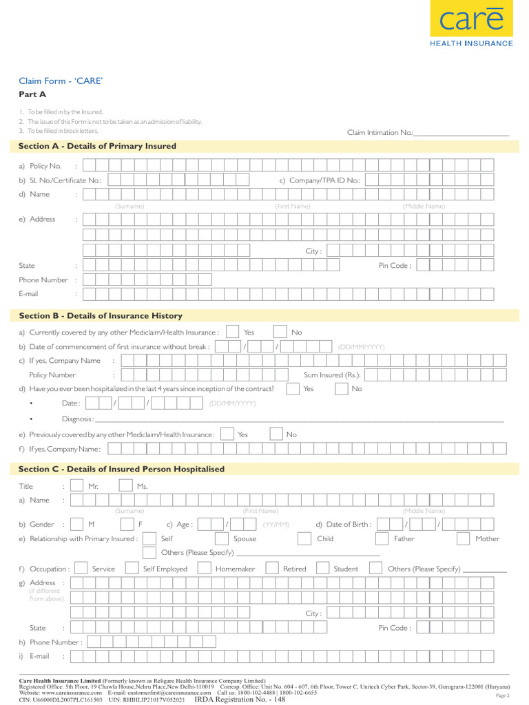 Care - Claim Form (New) | PDF | Health Care | Medicine