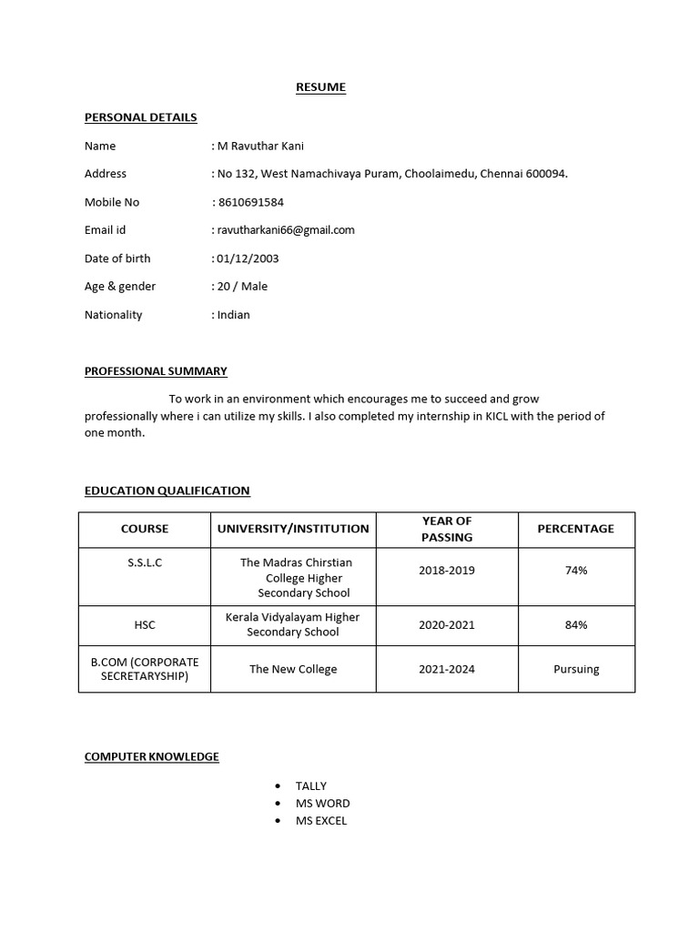 Kani's Resume 1 | PDF