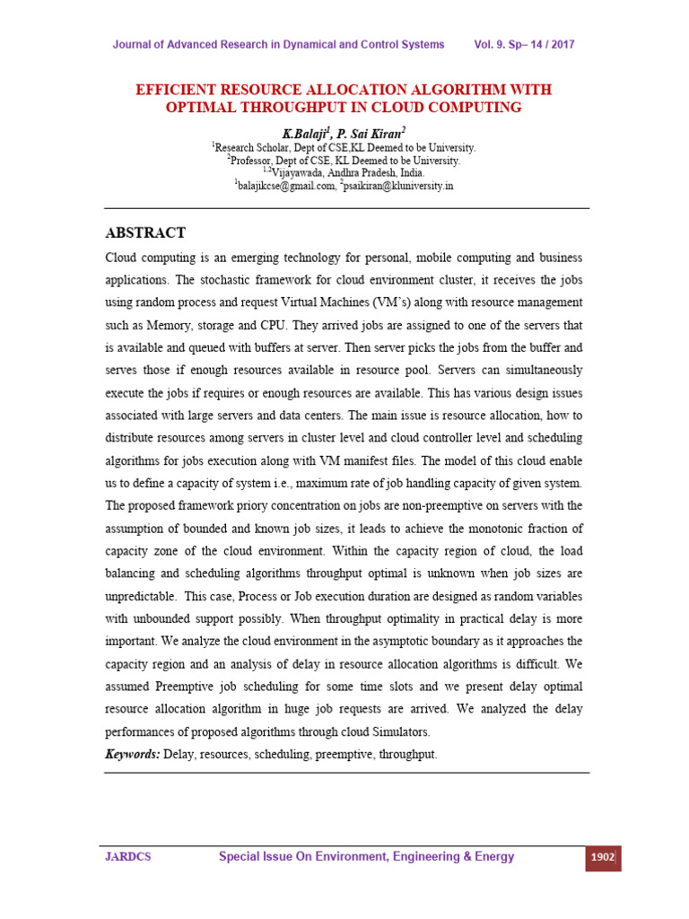 Efficient Resource Allocation Algorithm With Pdf Cloud Computing 2543
