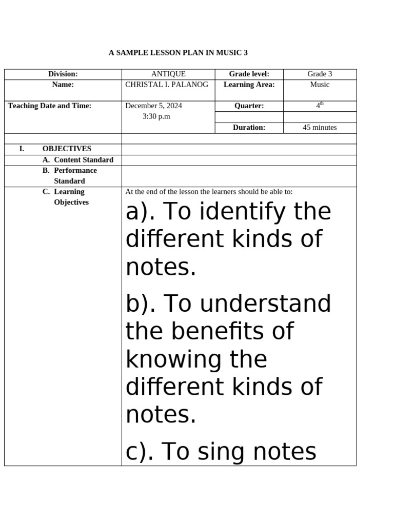 Grade 3 Music Lesson Plan: Notes | PDF | Lesson Plan | Learning