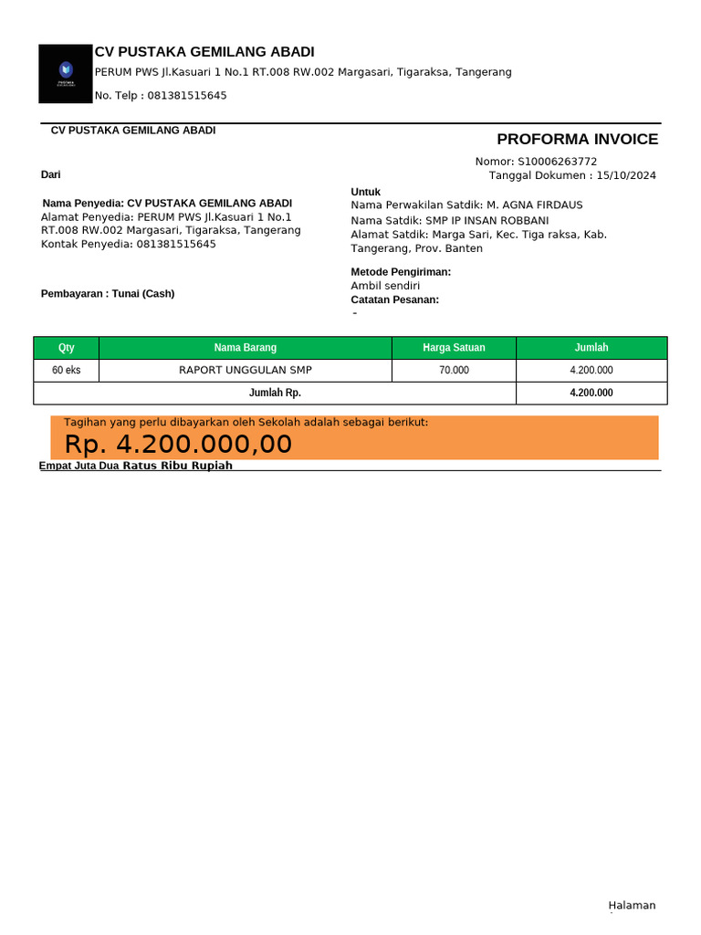 Invoice Beli Barang Di Atas Satu Juta PUSTAKA GEMILANG | PDF