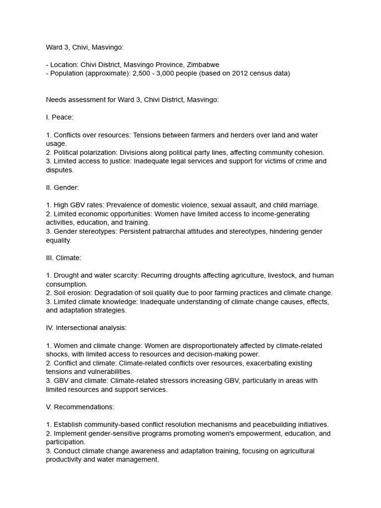 Needs Assessment for Ward 3, Chivi | PDF | Capacity Building | Climate ...