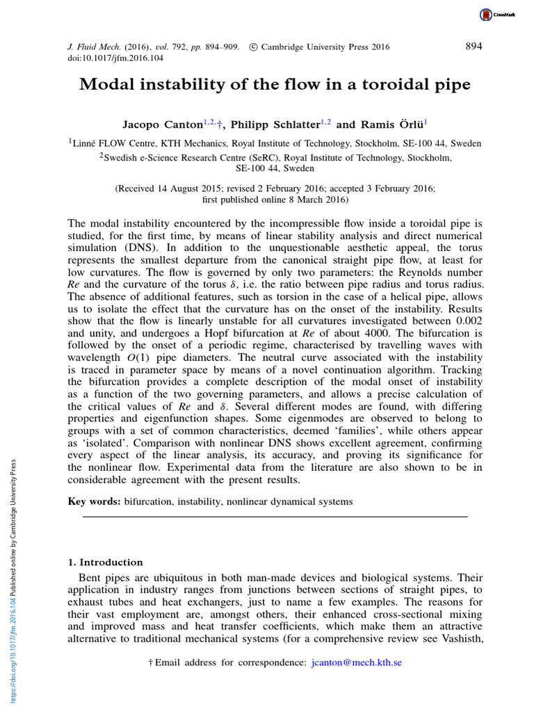 Modal Instability of the Flow in a Toroidal Pipe | PDF | Fluid Dynamics | Reynolds Number