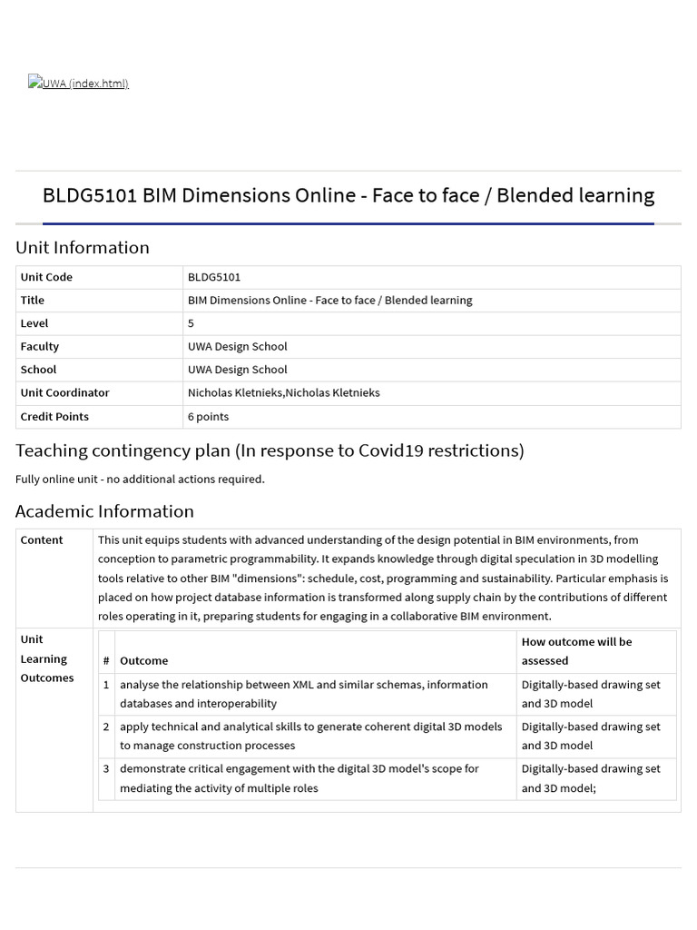 Unit Outline - BLDG5101 BIM Dimensions Online - Face to face _ Blended ...