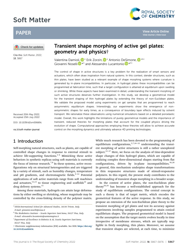 Transient Shape Morphing of Active Gel Plates | PDF | Gel