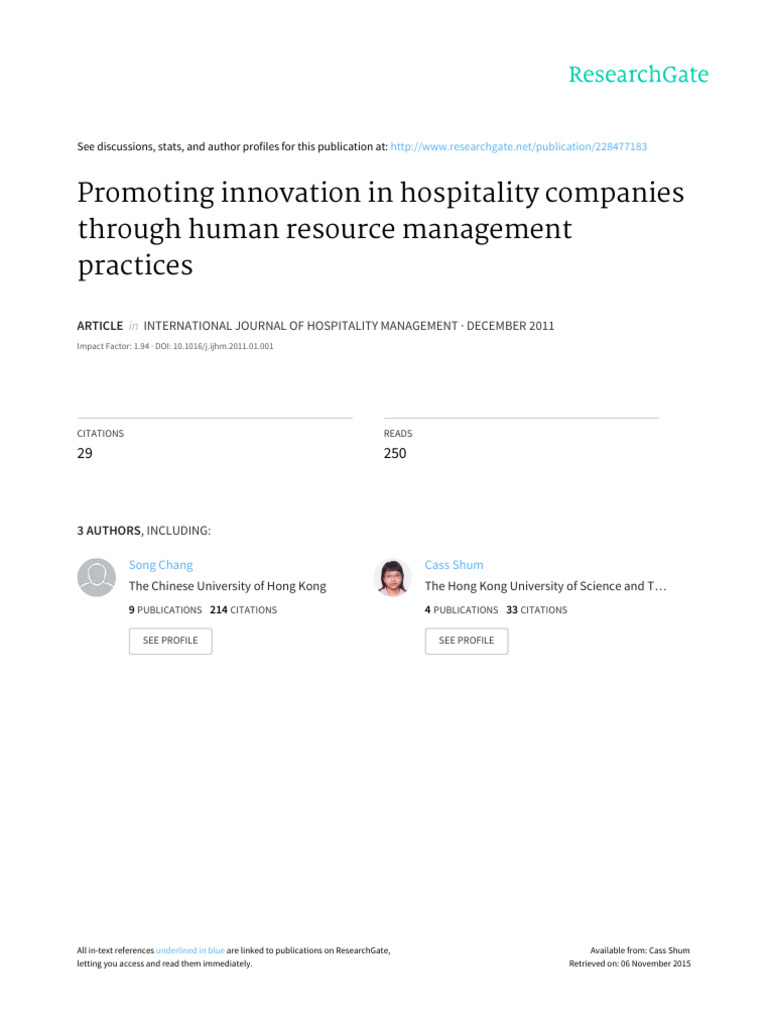 Promoting Innovation in Hospitality Companies Through Human Resource ...