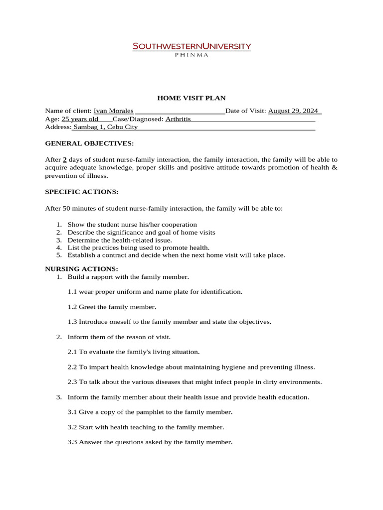 Home Visit Plan | PDF | Cognition