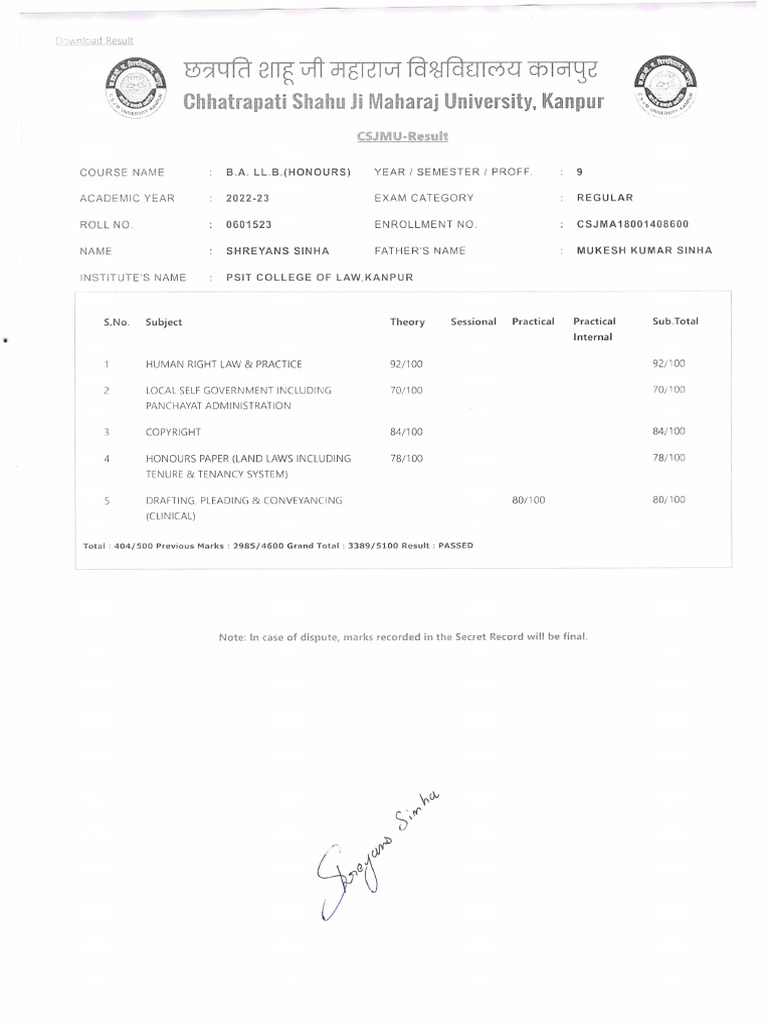 9 Sem Marksheet | PDF