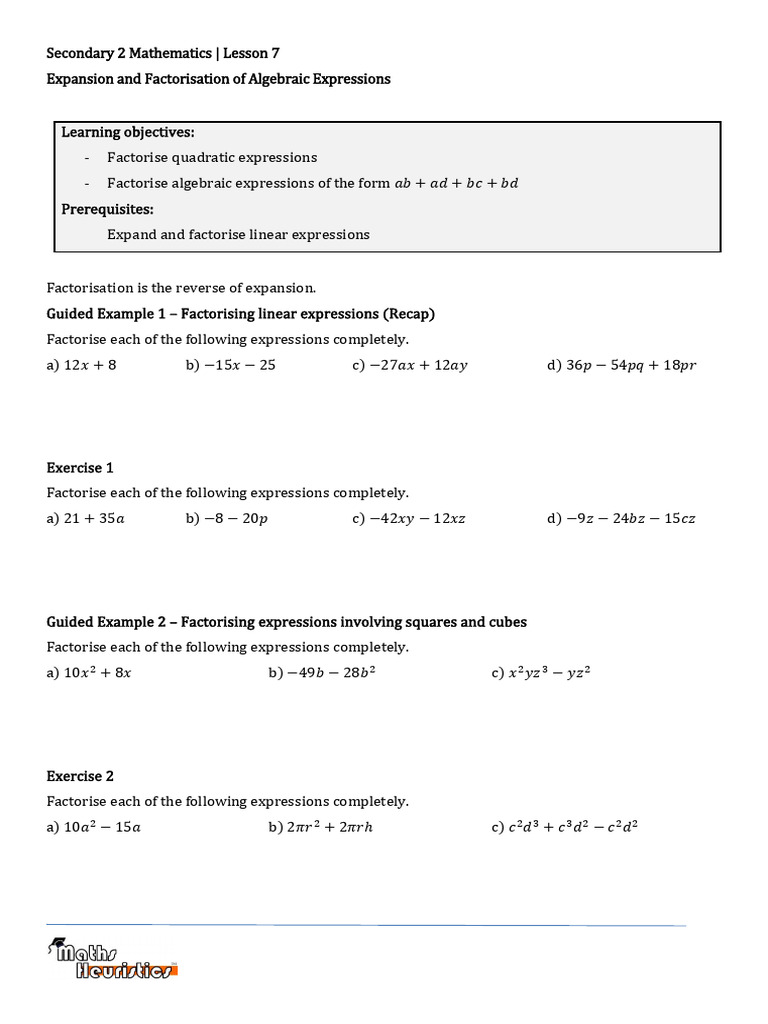 Notes S2 Math L7 Expansion and Factorisation of Algebraic Expressions ...