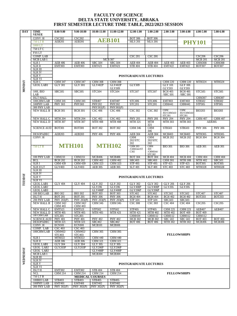 First Semester 2022-2023 Lecture Time Table James | PDF