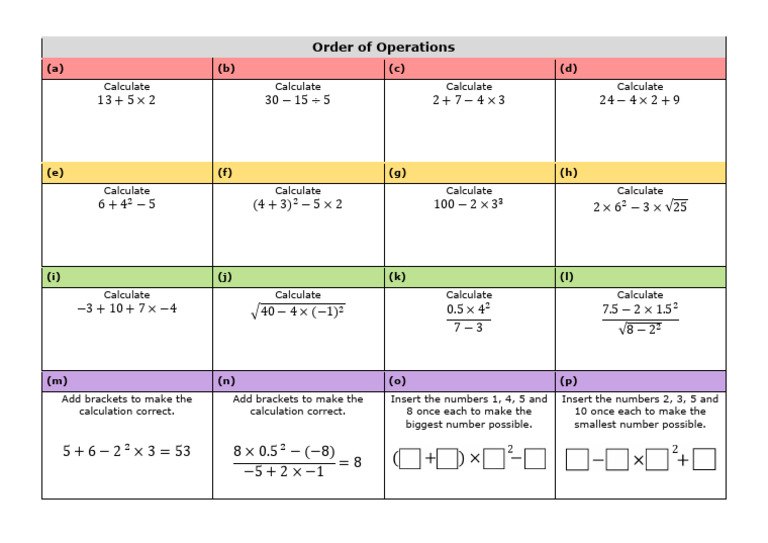Order of Operations Calculation Exercises | PDF