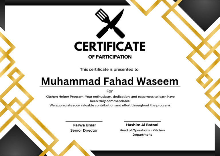 Fahad Kitchen Helper Certificate | PDF