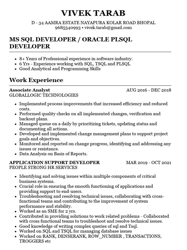 Naukri_VIVEKTARAB8y_0m | PDF | Microsoft Sql Server | Pl/Sql