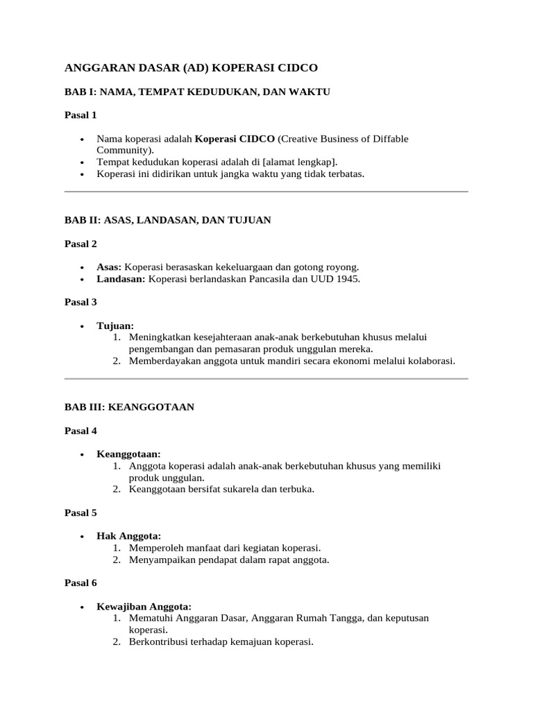DRAFT ANGGARAN DASAR DAN ANGGARAN RUMAH TANGGA KOPERASI CIDCO | PDF