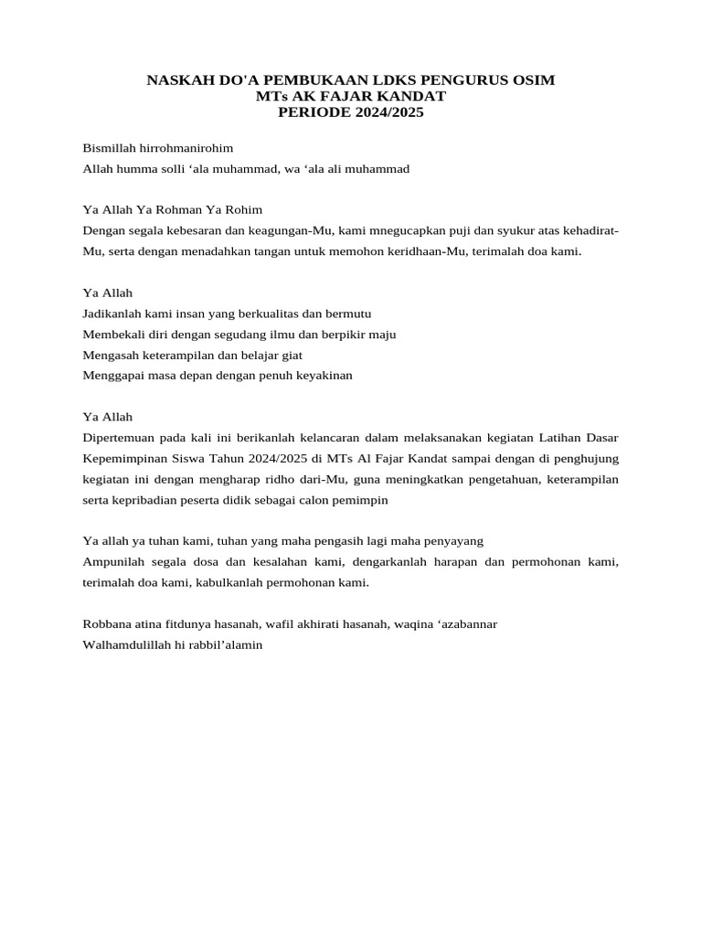 Doa Pembuka Dan Penutup LDKS | PDF