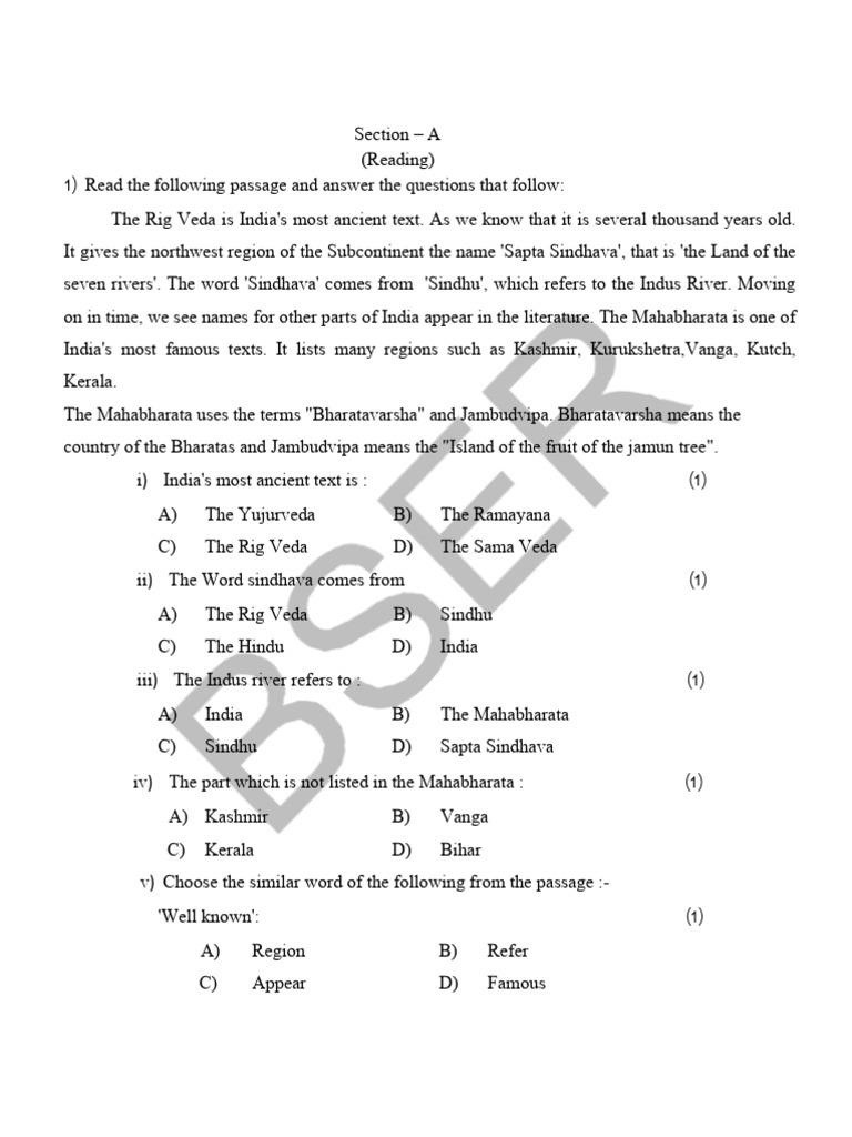 ENGLISH BSER SR Exam (10th Board) - 2025 Model Question Pap - 241128 ...