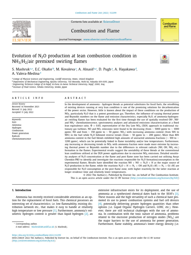 Evolution of N2O Production at Lean Combution Condition in NH2, H2, Air ...