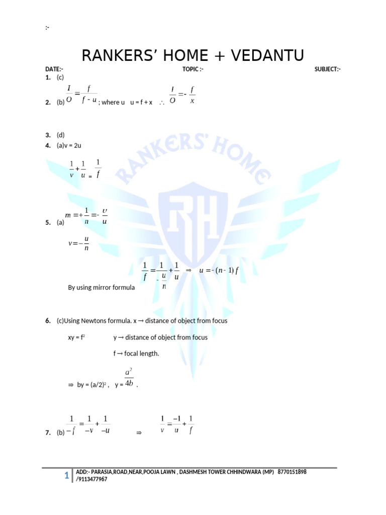 12TH Answer Key Physics 22.03.24 | PDF | Mirror | Euclidean Geometry