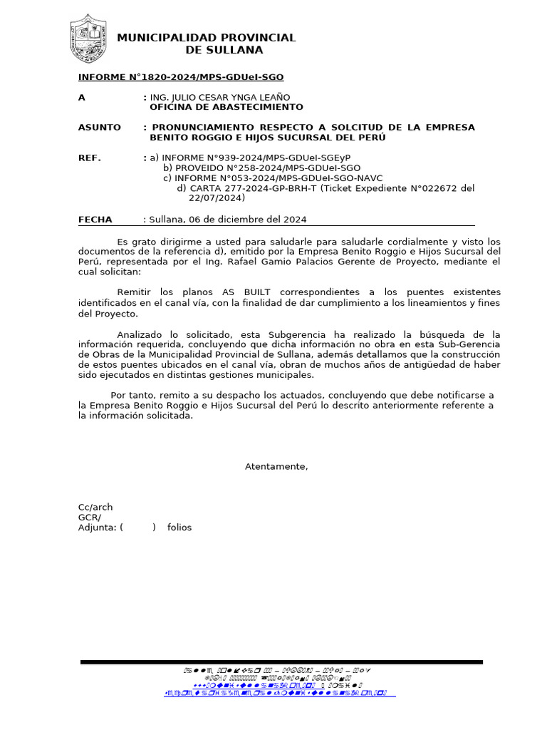 Informe N°1820 - Respuestas A Benito Rogio | PDF