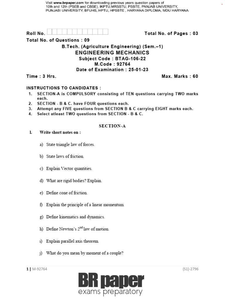 EM1 (1st 2nd) Dec2023 | PDF | Force | Stress (Mechanics)