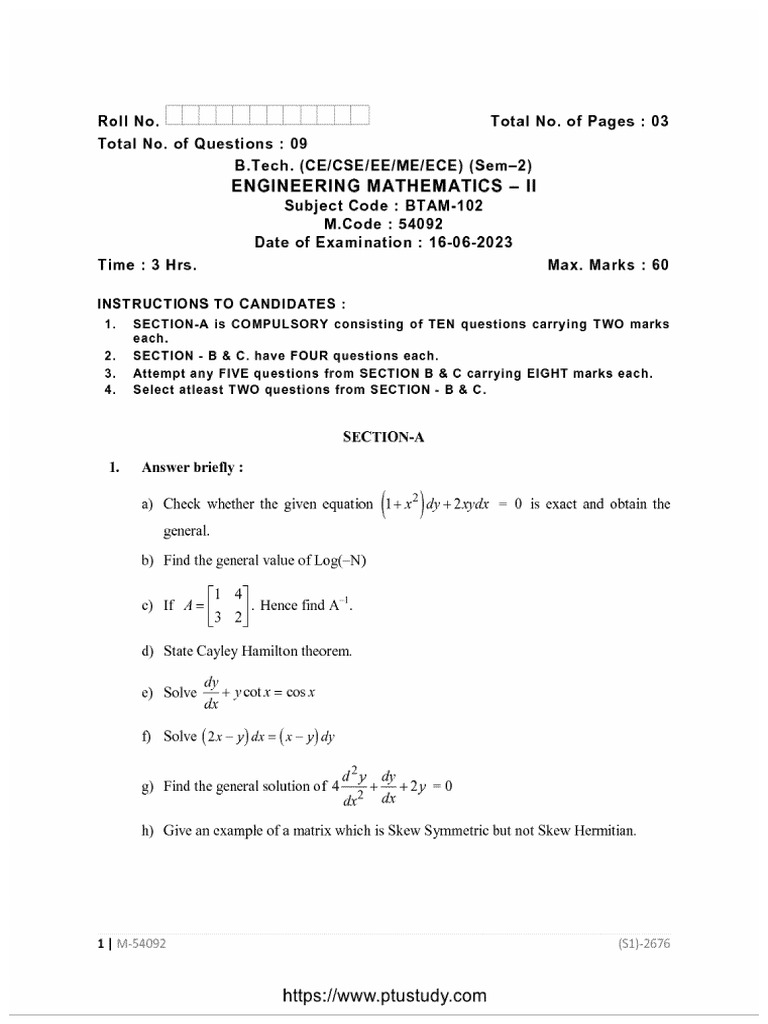 Btech 2 Sem Engineering Mathematics 2 54092 Jun 2023 | PDF