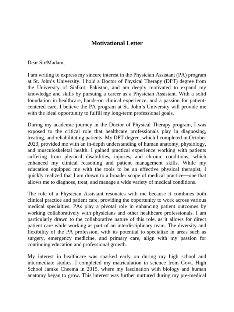 Motivational Letter Irza Javed 3 | PDF | Physical Therapy | Health Care Motivational Letter Irza Javed 3 | PDF | Physical Therapy | Health Care