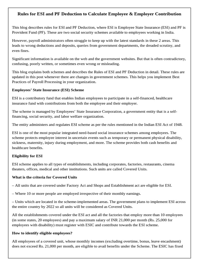 Rules for ESI and PF Deduction to Calculate Employee | PDF | Payroll ...