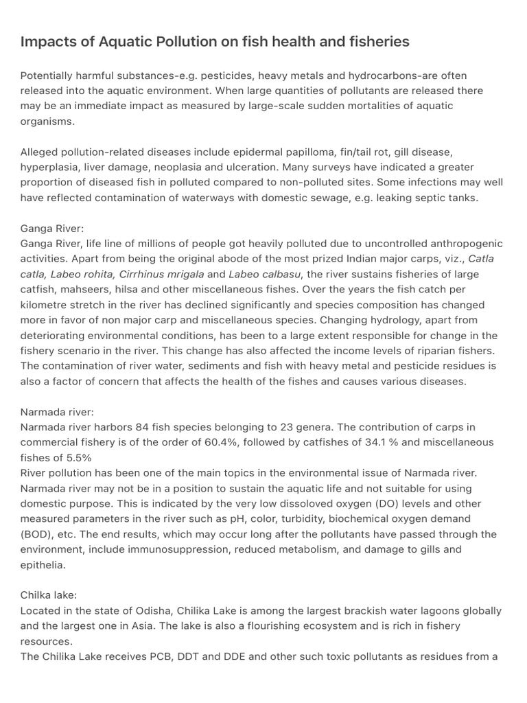 Impacts of Aquatic Pollution On Fish Health and Fisheries | PDF | Water ...