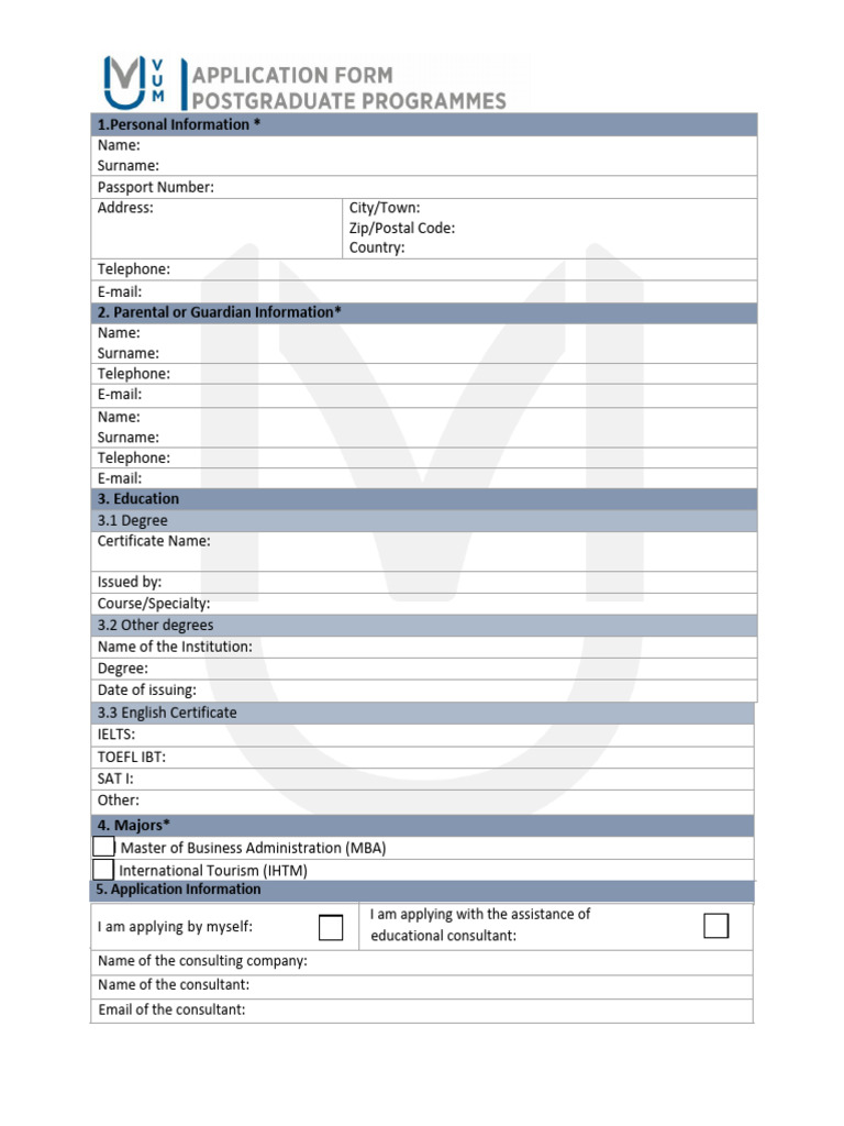 VUM Post Graduate Application Form 1 | PDF | Master Of Business ...