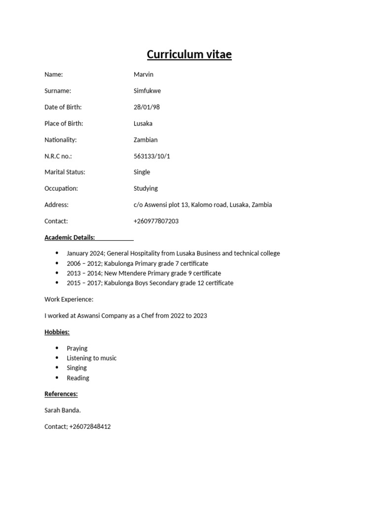 CV For Marvin Simfukwe PDF | PDF