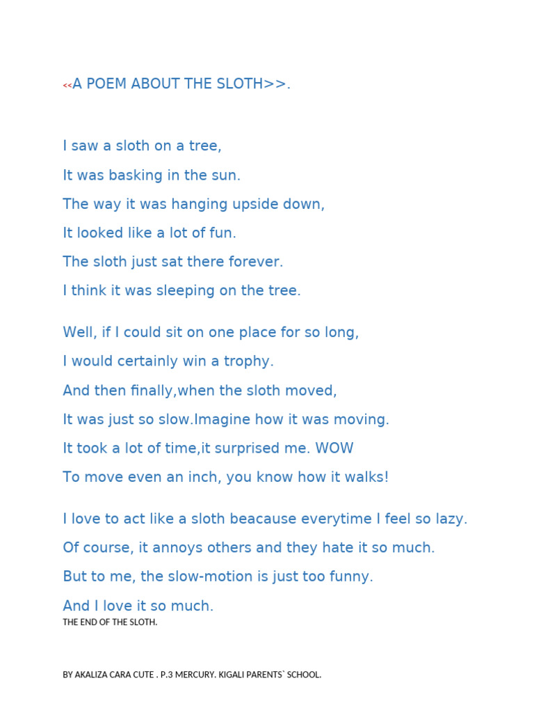"Sloth Poem by Akaliza Cara" | PDF