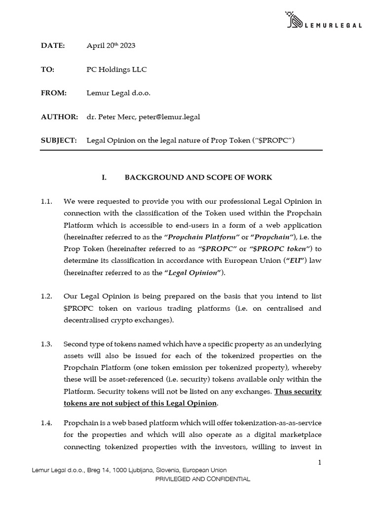 PROPCHAIN TOKEN ($PROPC) - Legal Opinion - EU Law | PDF | Cryptocurrency | Securities (Finance)