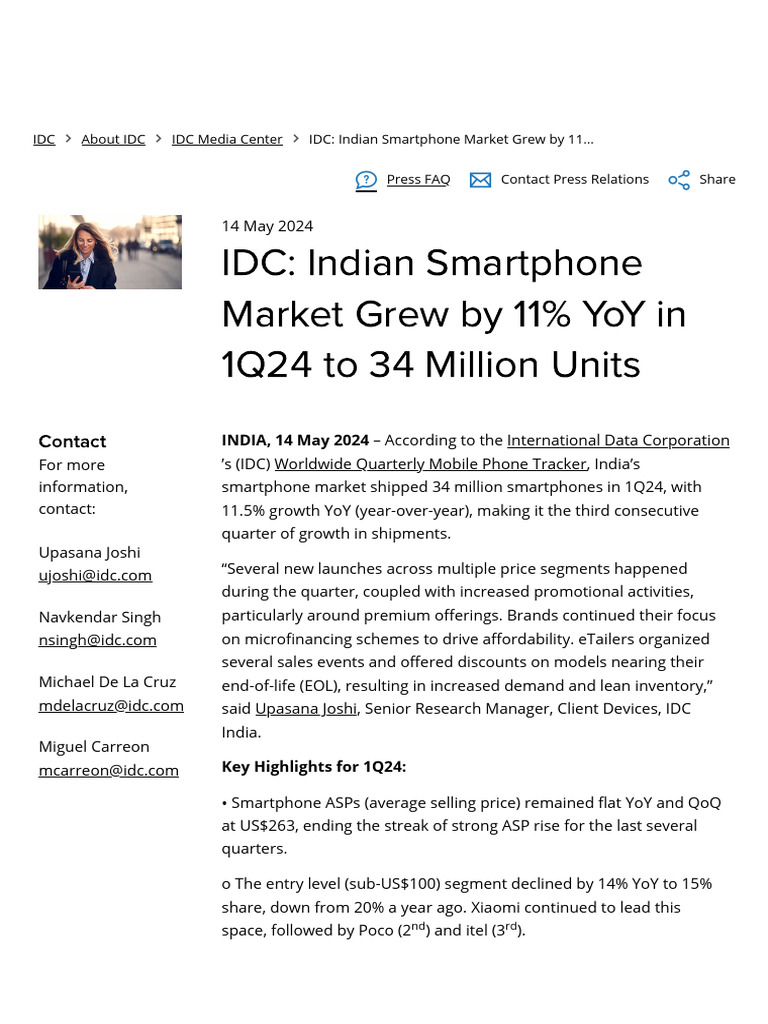 IDC - Indian Smartphone Market Grew by 11% YoY in 1Q24 To 34 Million Units | PDF | Smartphone ...