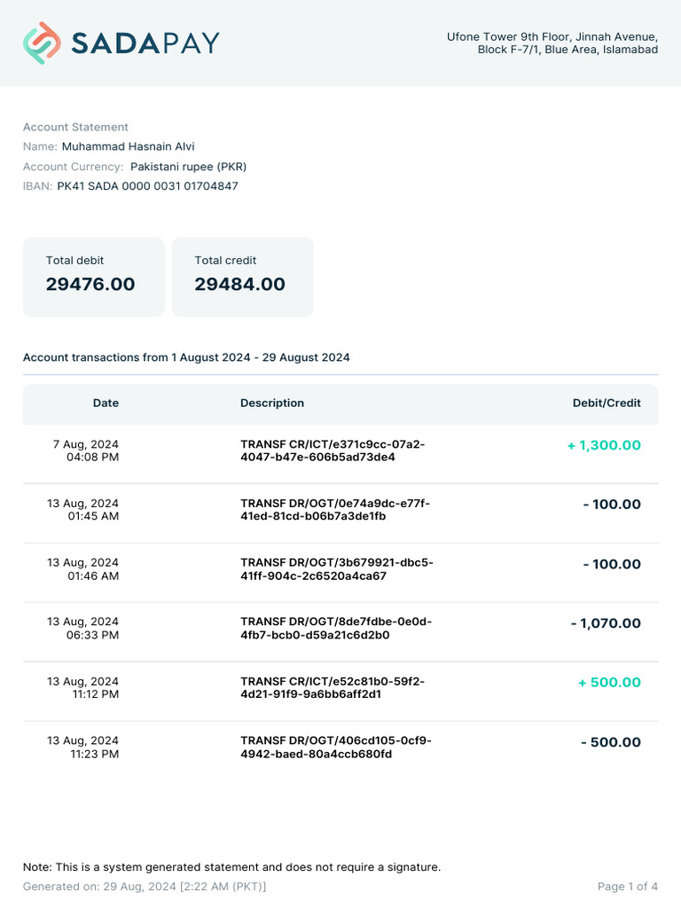Sadapay Account Statement Summary | PDF | Debits And Credits ...