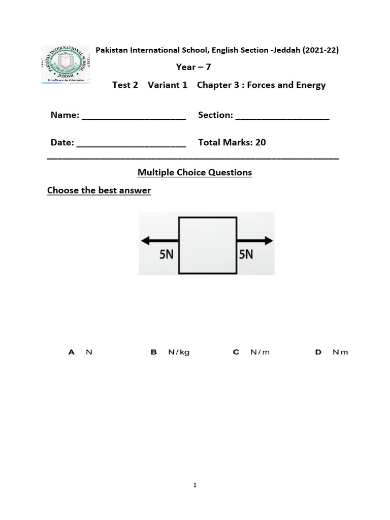 Test 2 Variant 1 Physics Forces and Energy | PDF | Force | Mechanics