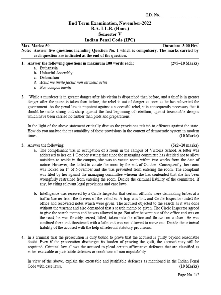 Indian Penal Code (IPC) question paper | PDF | Crimes | Crime & Violence
