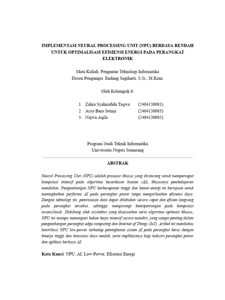 IMPLEMENTASI NEURAL PROCESSING UNIT (NPU) BERDAYA RENDAH UNTUK OPTIMALISASI EFISIENSI ENERGI ...