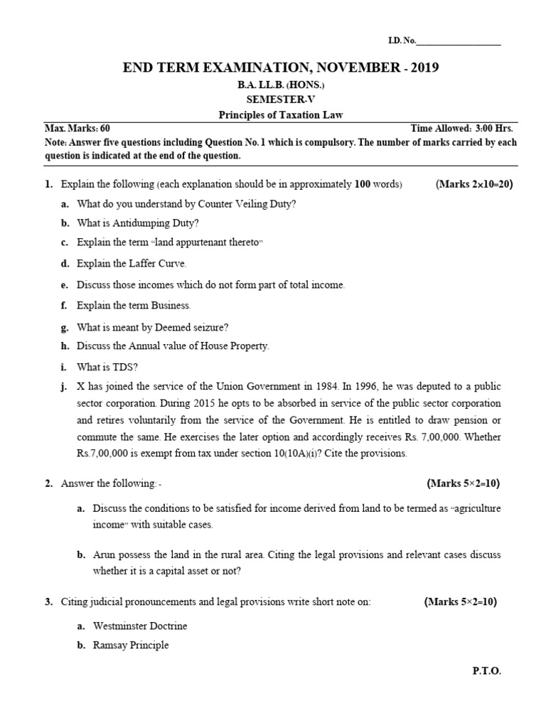 Taxation Law Exam Paper - Nov 2019 | PDF | Taxes | Government Finances